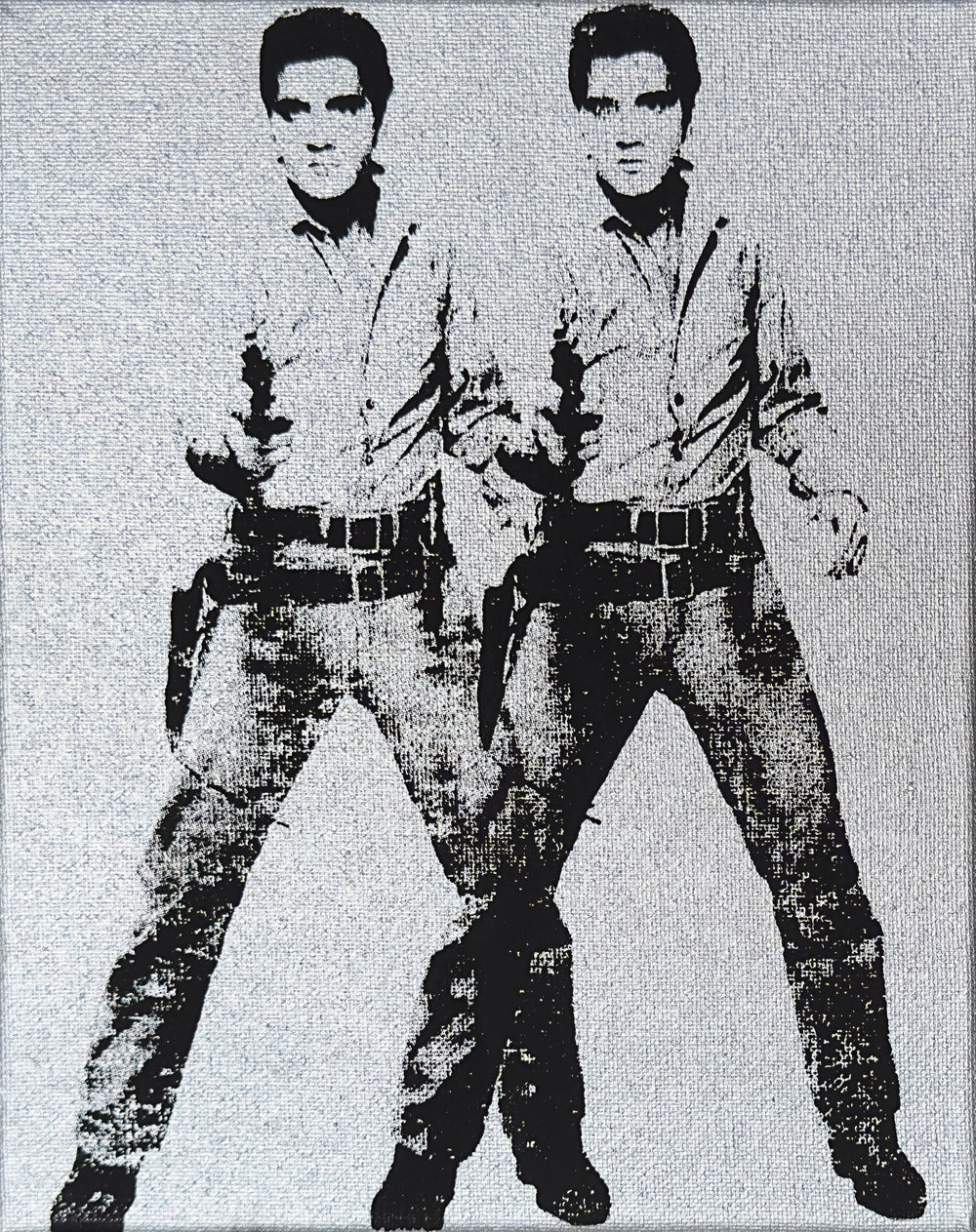 Double Elvis (Silver) - Screenprint on Canvas 10" x 8"